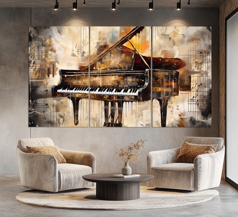 Abstract Grand Piano Canvas Print in Retro Painting Style, Music Wall ...