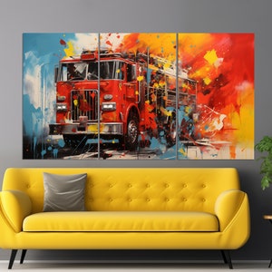 Abstract Firetruck Canvas Print in an Oil Painting Style, Firefighter ...