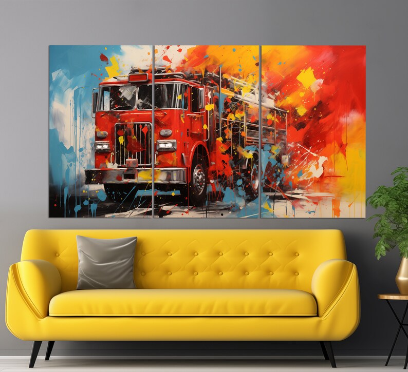 Abstract Firetruck Canvas Print in an Oil Painting Style, Firefighter ...