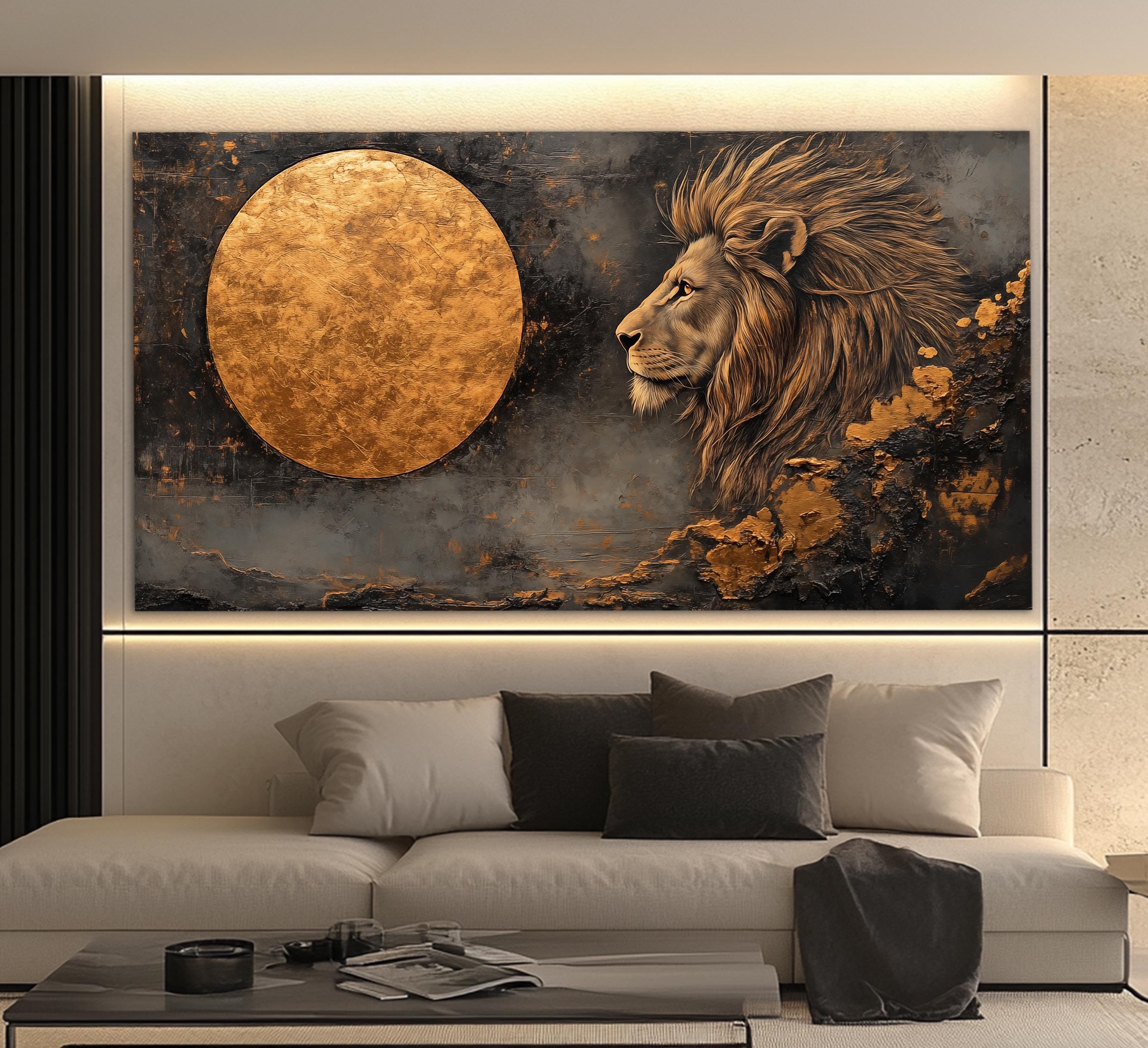 Lion and Full Moon Canvas Print in a Vintage Painting Style, Boho Lion ...