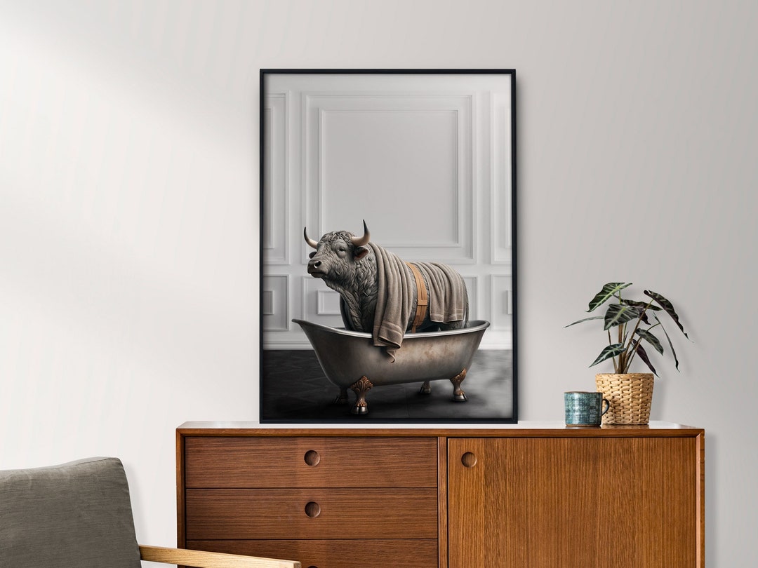 Highland Cow in Tub Wall Art Highland Cow Art Bathroom Decor Highland ...