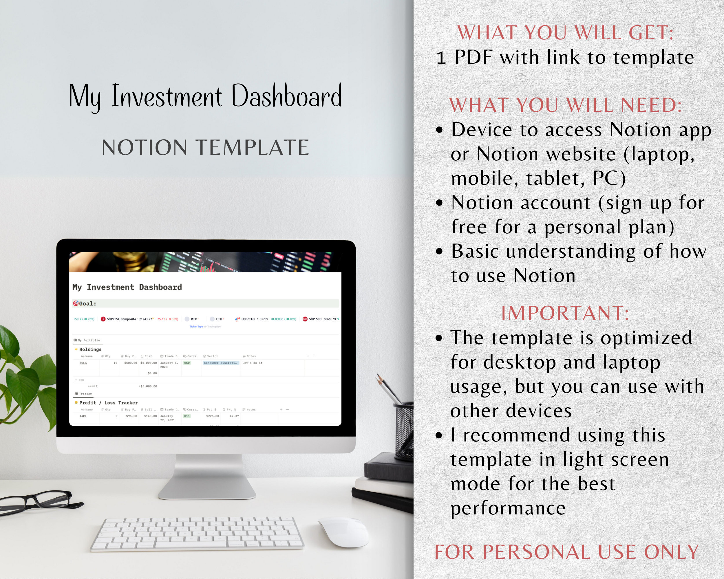Investment Tracker Notion Template, Simple Investment Dashboard, Stock ...