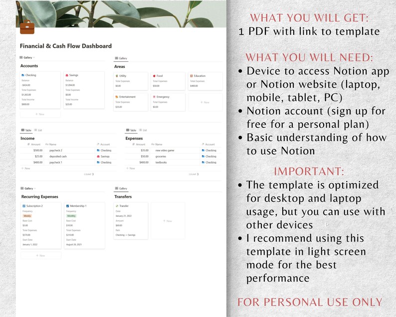 Financial and Cash Flow Dashboard Notion Template, Income and Expense ...