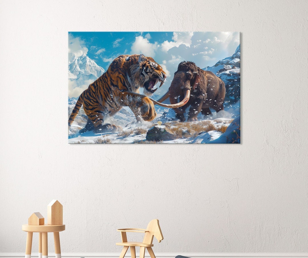 Sabertooth Tiger Vs Mammoth Canvas Print, Epic Prehistoric Battle Wall ...