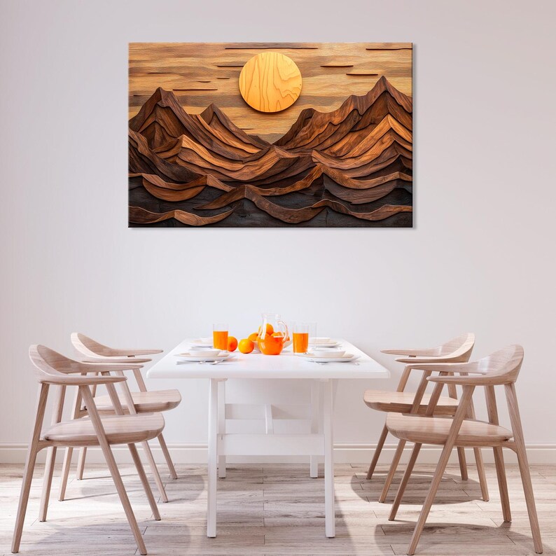 Wooden Mountain and Sun Landscape, Rustic Wall Art, Handmade Wooden ...