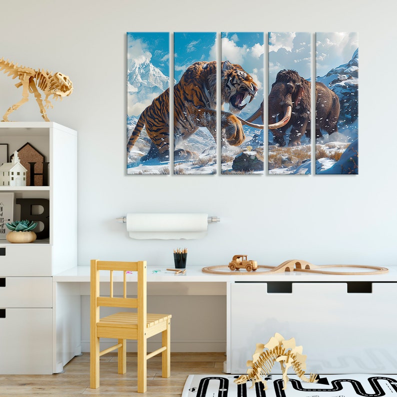 Sabertooth Tiger Vs Mammoth Canvas Print, Epic Prehistoric Battle Wall ...