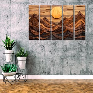 Wooden Mountain and Sun Landscape, Rustic Wall Art, Handmade Wooden ...