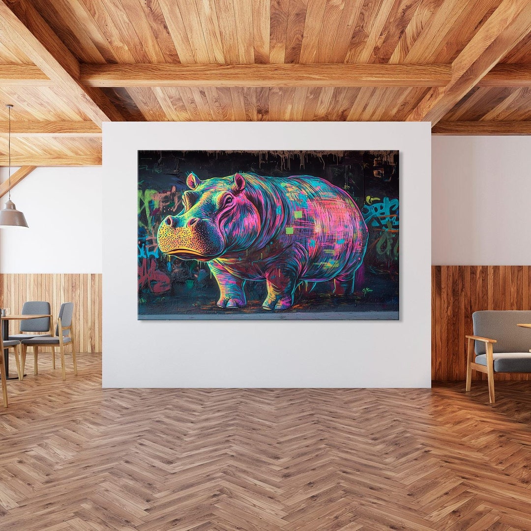 Neon Pixel Hippopotamus Art Print, Retro Gaming Decor, 80s Style Hippo ...