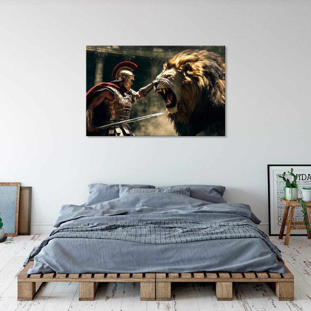Gladiator Battling Lion Art Print, Epic Historical Scene, Bold and ...