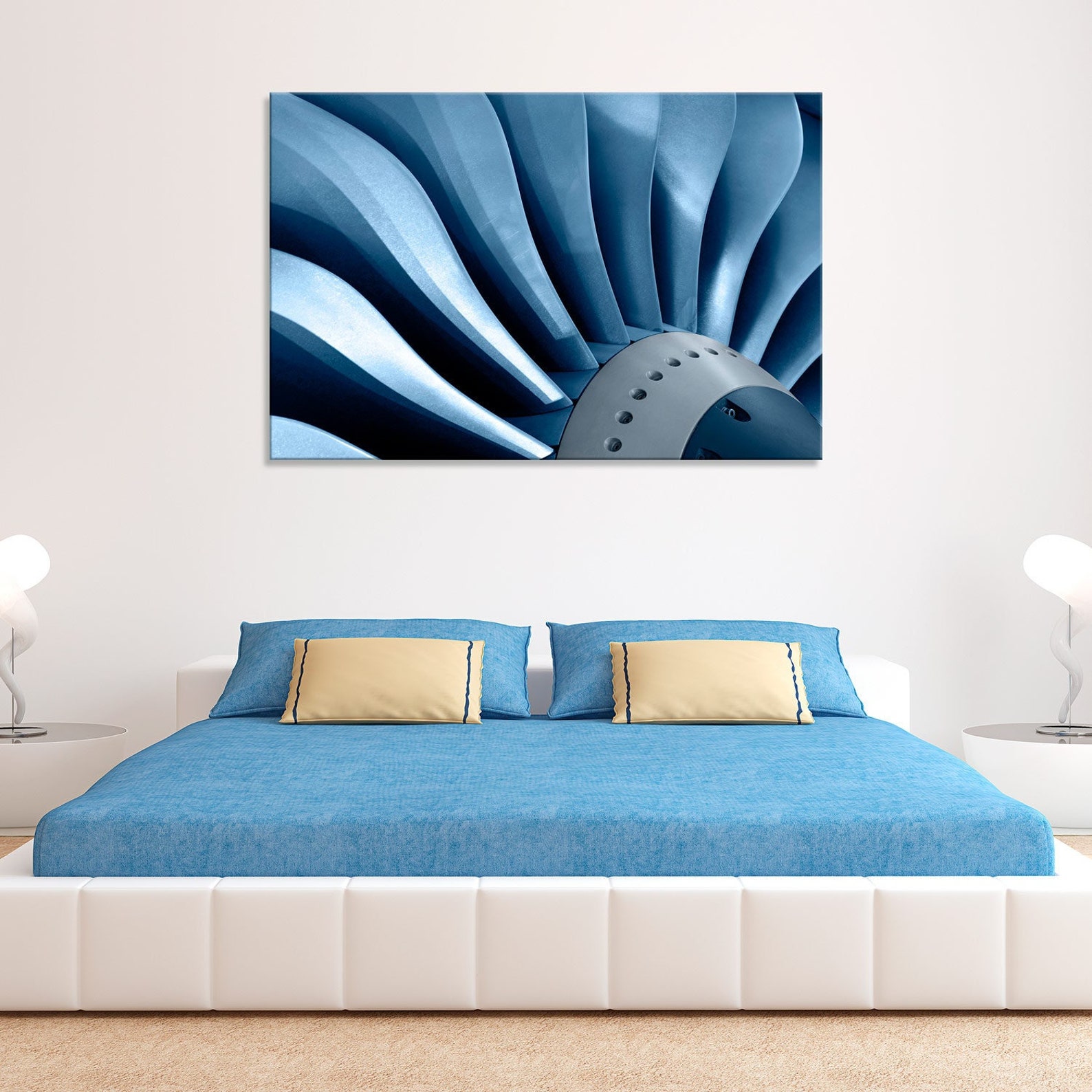 Azure Turbine Essence: Aircraft Engine Fragment in Blue Hue, Canvas ...