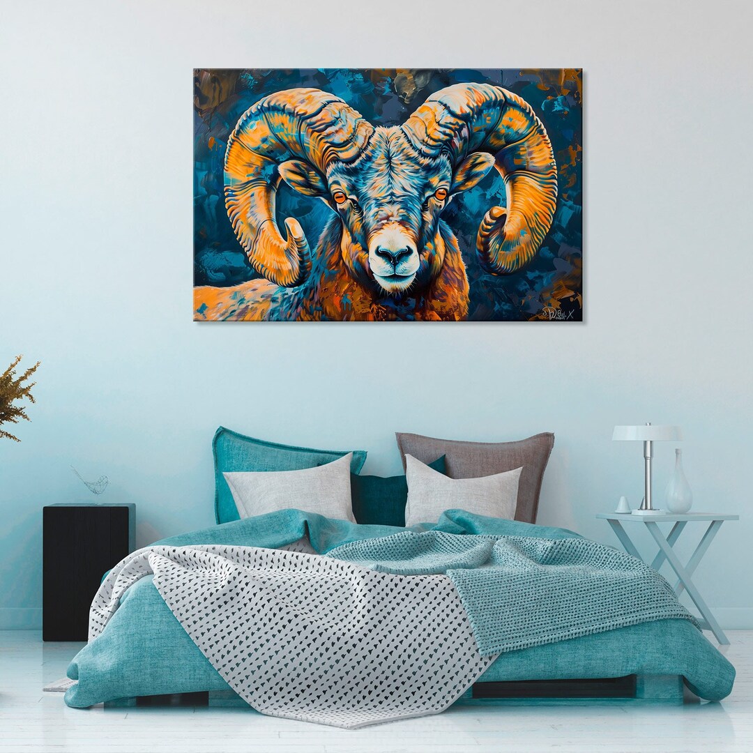 Yellow and Blue Ram Canvas Print, Colorful Animal Art, Vibrant Wall ...