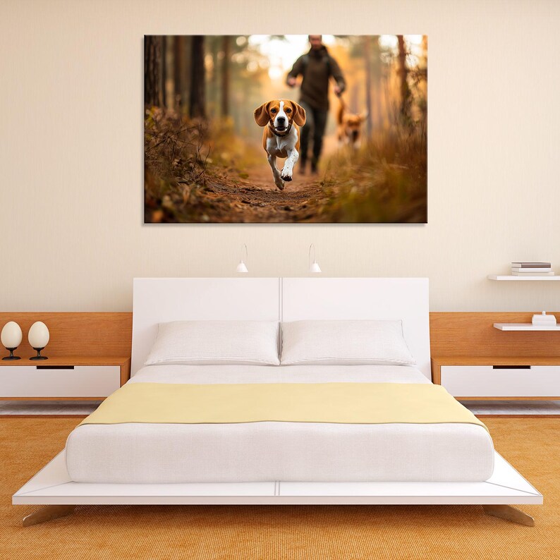 Beagle Running Art Print: Energetic Dog on Forest Trail Canvas - Etsy