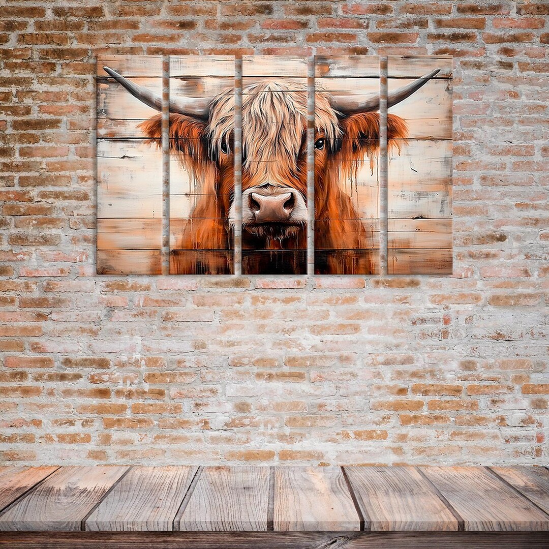 Highland Cow on Wooden Background, Rustic Farmhouse Decor, Highland ...
