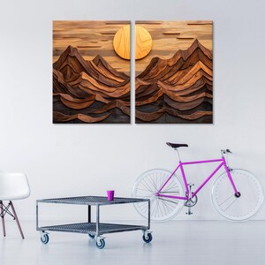 Wooden Mountain and Sun Landscape, Rustic Wall Art, Handmade Wooden ...