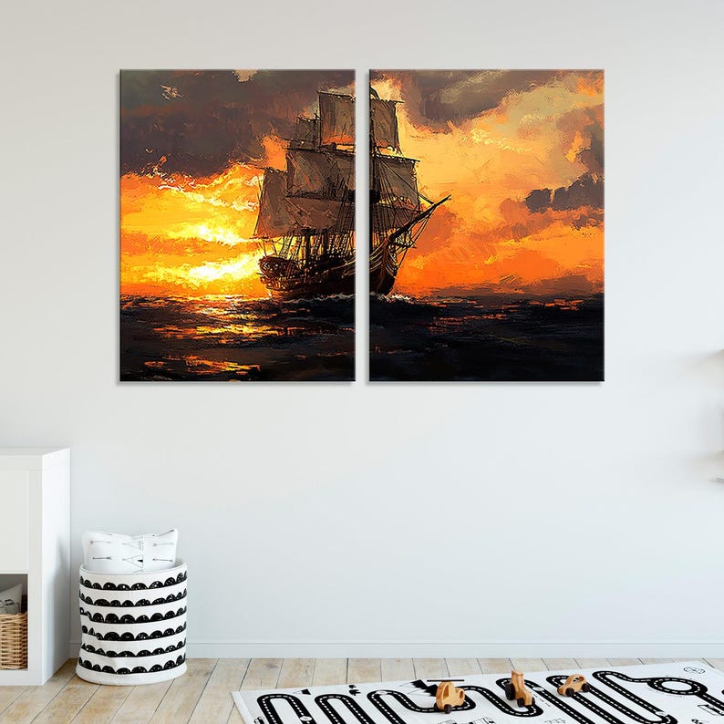 Sailing Ship at Sunset, Nautical Art, Sunset on the Sea, Ocean Voyage ...