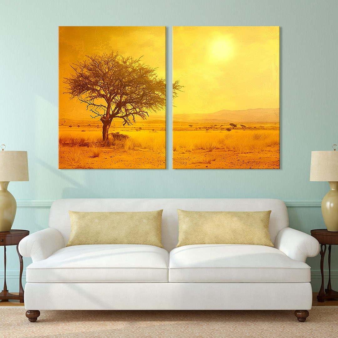 Savanna Tree Canvas Print: Yellow African Landscape Wall Art - Etsy