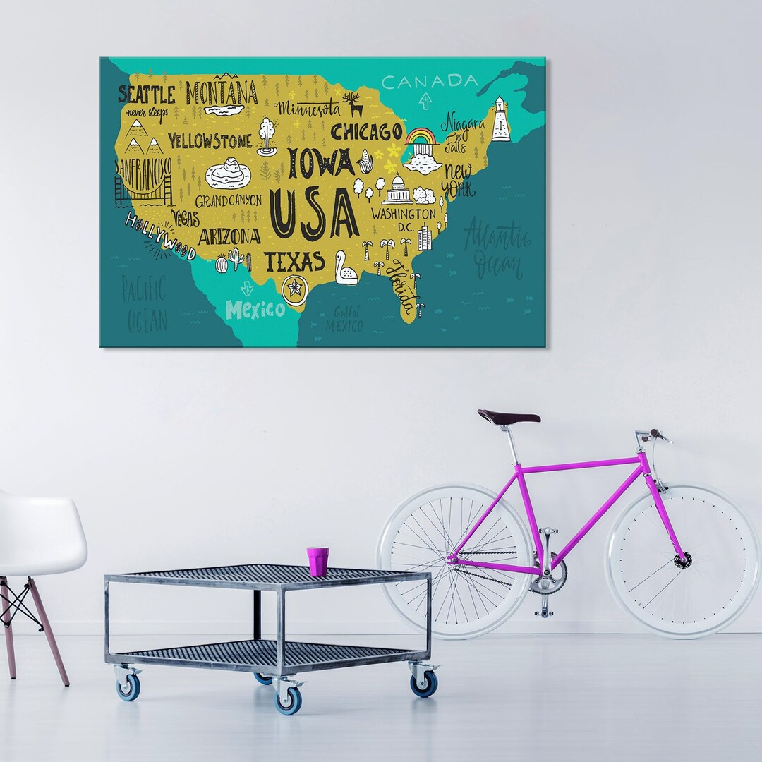 Hand-illustrated USA Map - Whimsical States and Landmarks, Hand ...