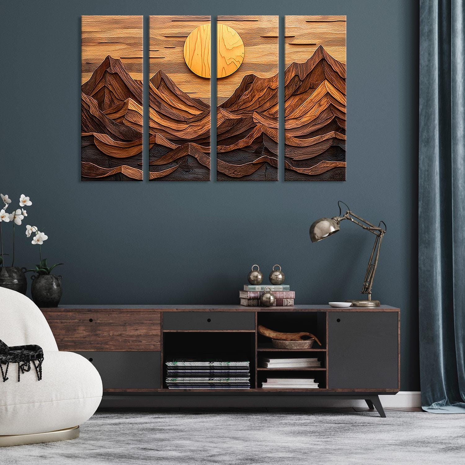 Wooden Mountain and Sun Landscape, Rustic Wall Art, Handmade Wooden ...