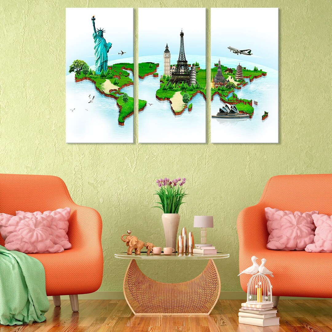 World Landmarks Art Map: Iconic Structures Canvas Wall Decor - Etsy