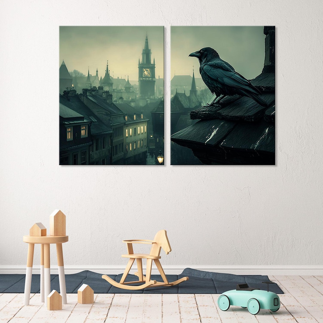 Gothic Raven Art Print: Medieval Town Canvas Wall Decor - Etsy