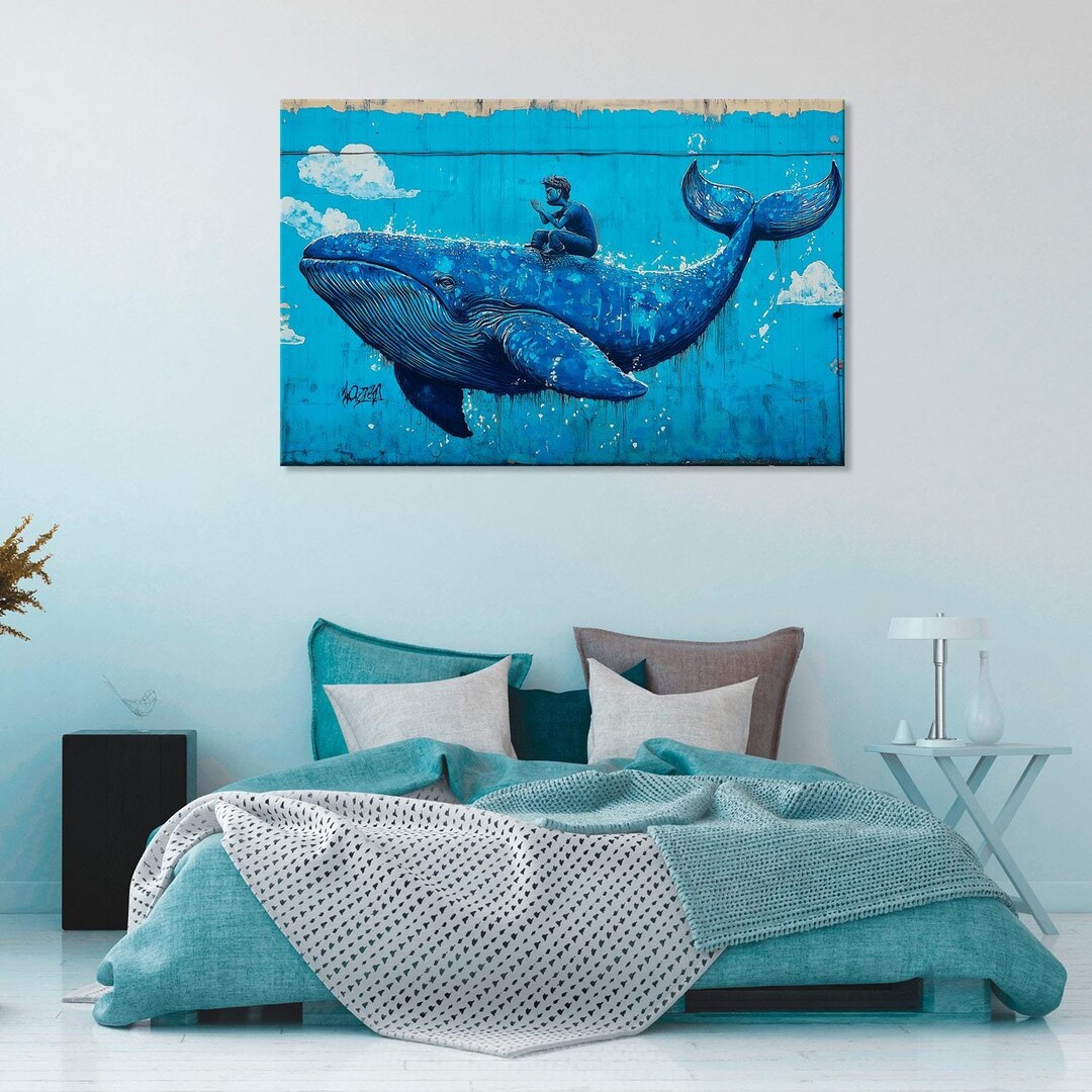 Graffiti Whale, Human on Blue Whale, Street Art Canvas Print, Wall Art ...