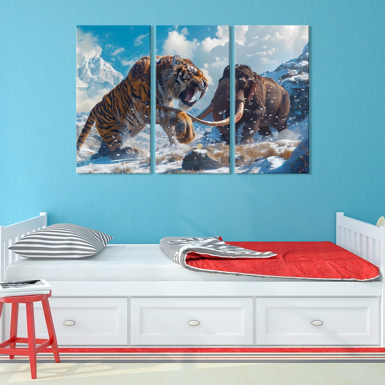 Sabertooth Tiger Vs Mammoth Canvas Print, Epic Prehistoric Battle Wall ...