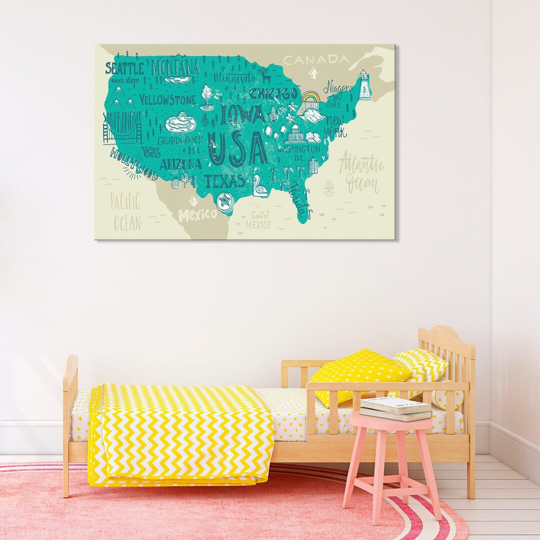 Hand-drawn USA Map - Turquoise Travel Delight With States and Landmarks ...