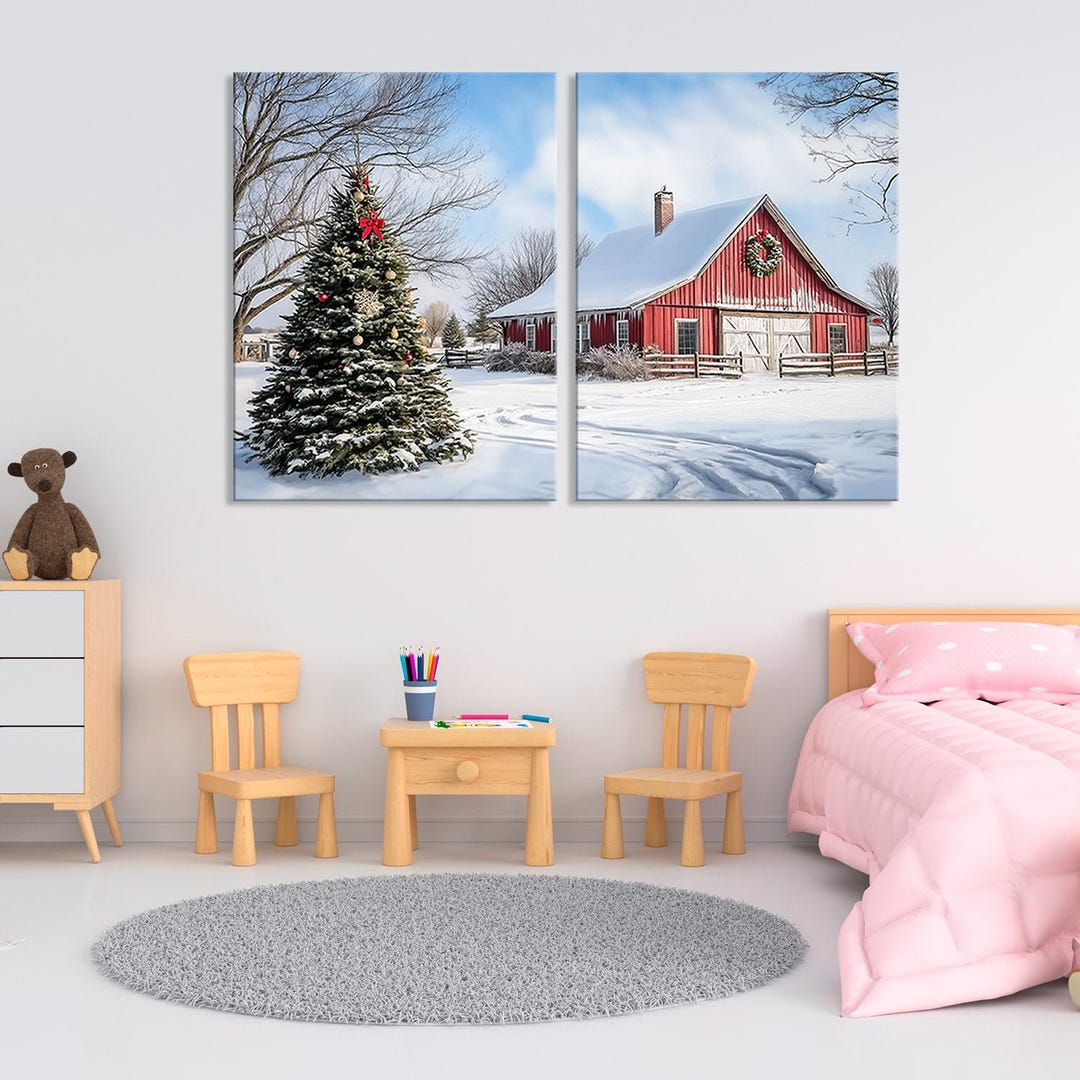 Christmas Tree by Farmhouse, Rustic Holiday Scene, Festive Winter Decor ...