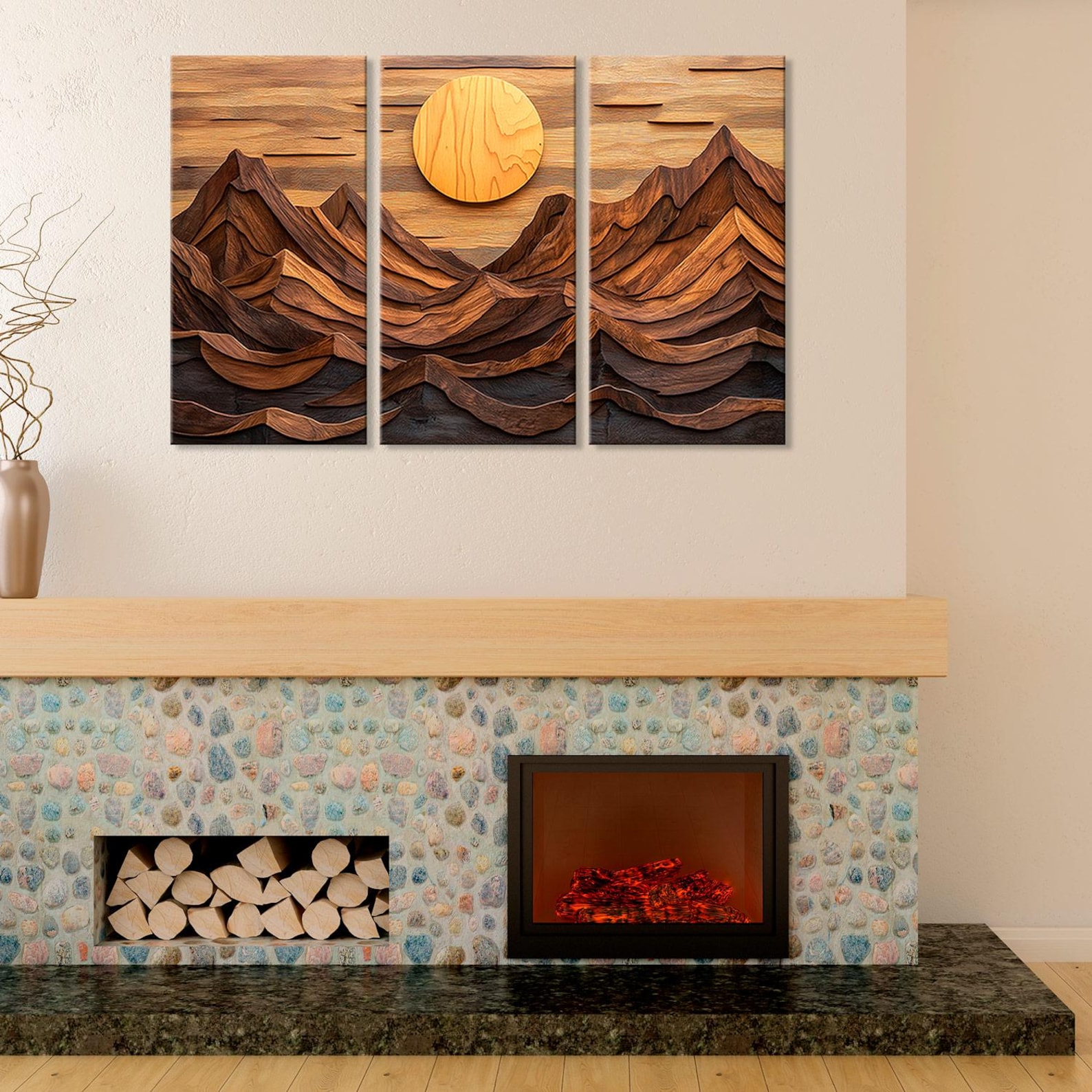 Wooden Mountain and Sun Landscape, Rustic Wall Art, Handmade Wooden ...