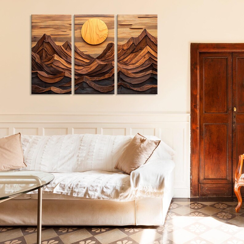 Wooden Mountain and Sun Landscape, Rustic Wall Art, Handmade Wooden ...