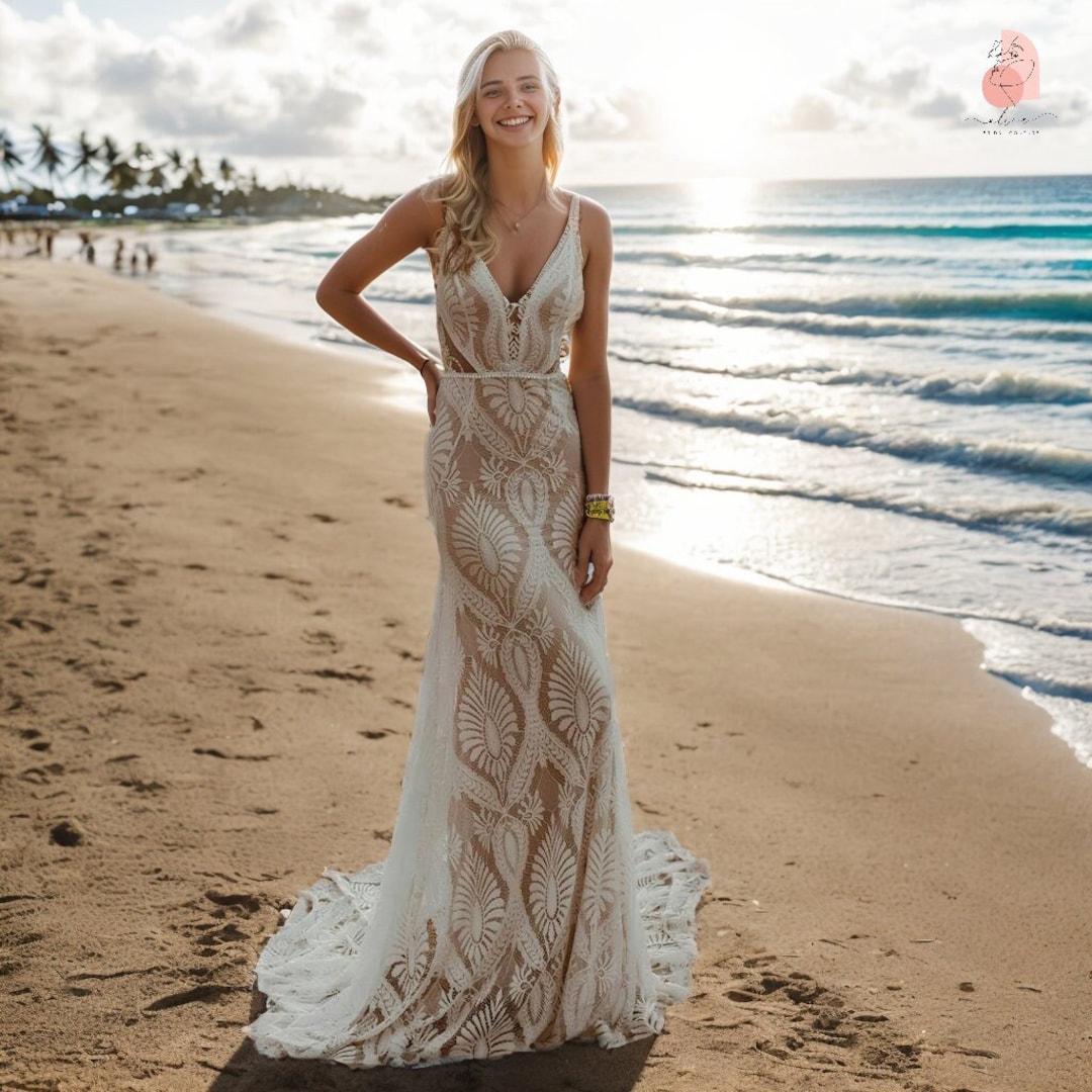 Boho Lace Mermaid Wedding Dress Beach Rustic Bridal Gown, Spaghetti ...