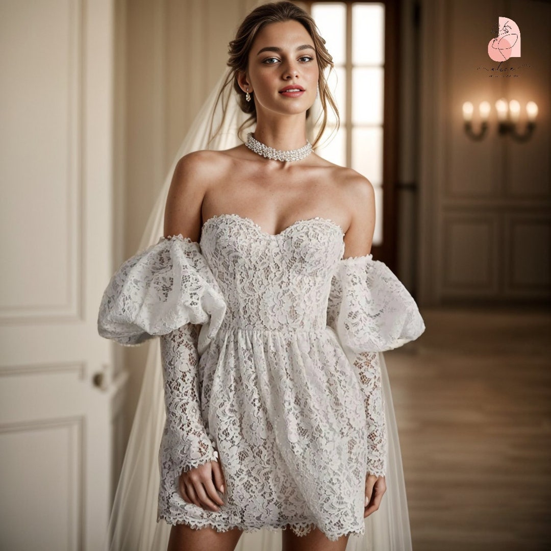 Short Lace Wedding Dress: Minimalist Boho Mini Bridal Gown, Bubble Fit ...