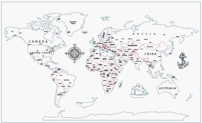 World Map, World Map With Countries SVG DXF EPS, Laser Cut Vector Files ...