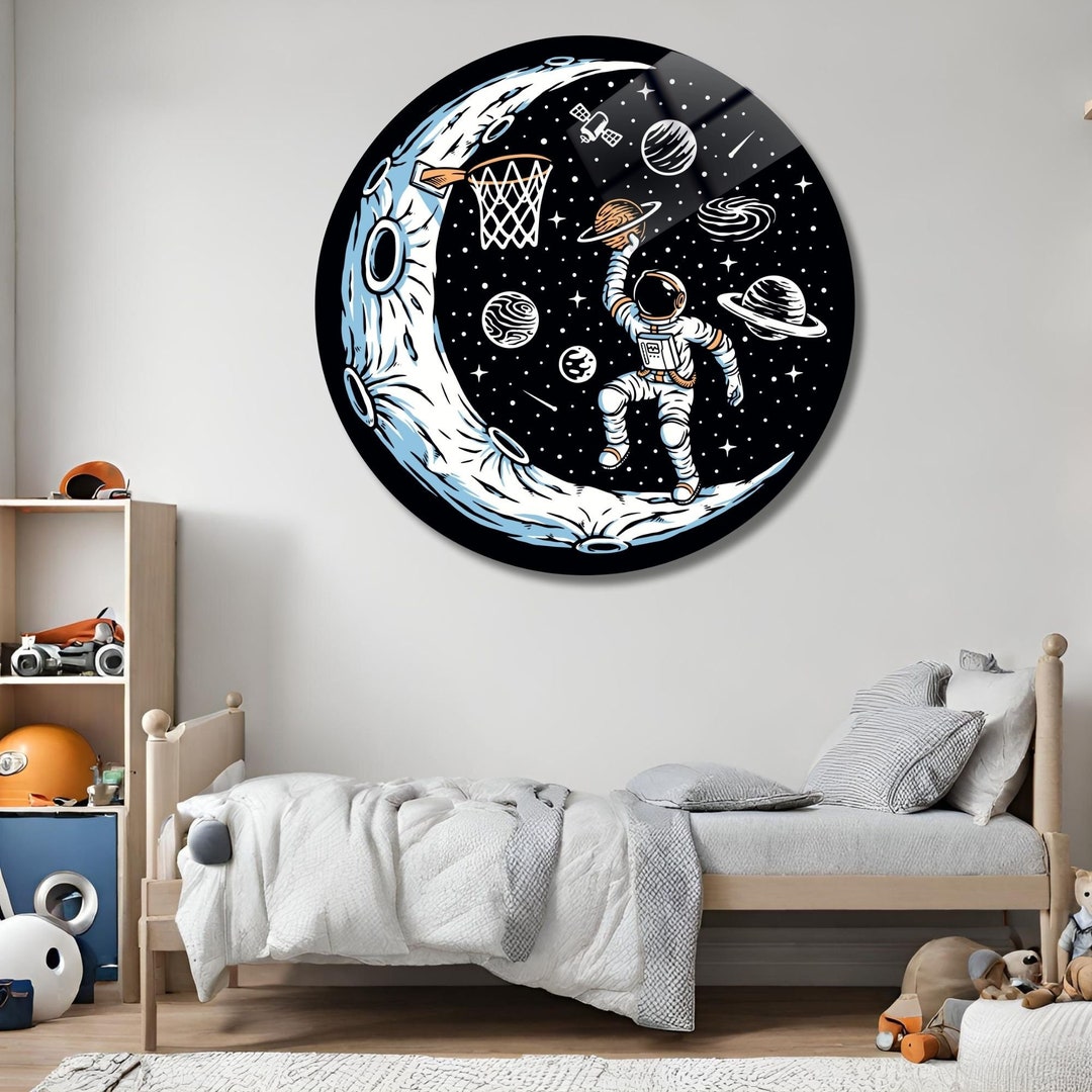 Round Tempered Real Glass Painting Astronaut Playing Basketball High ...