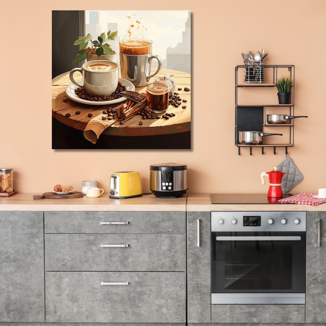 Square Canvas Kitchen Wall Painting Coffee Corner Theme Plants High ...