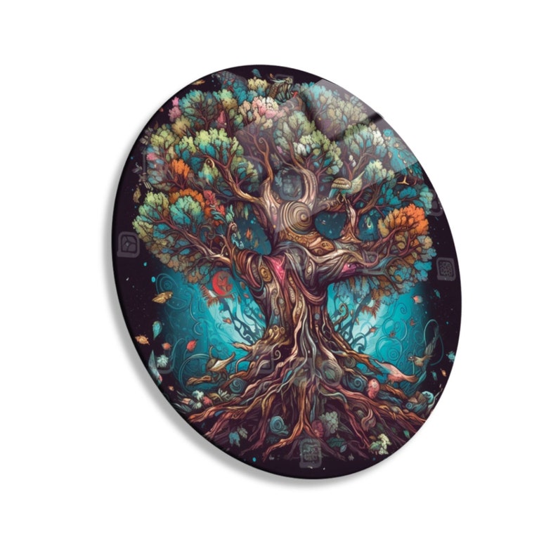 Round Tempered Real Glass Painting Tree Design With Colorful Roots High ...
