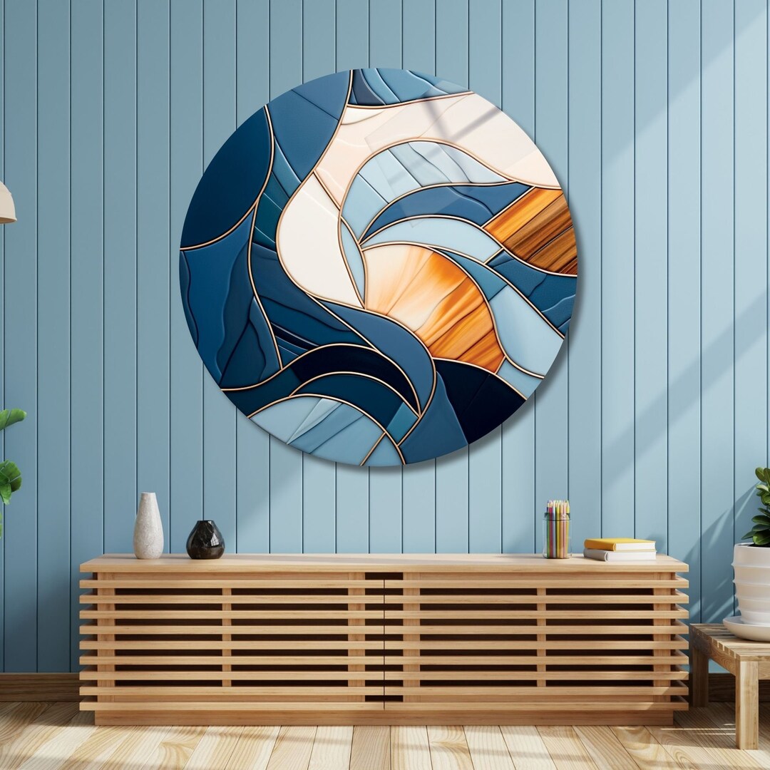 Round Tempered Real Glass Painting Abstract Design in Blue Tones High ...