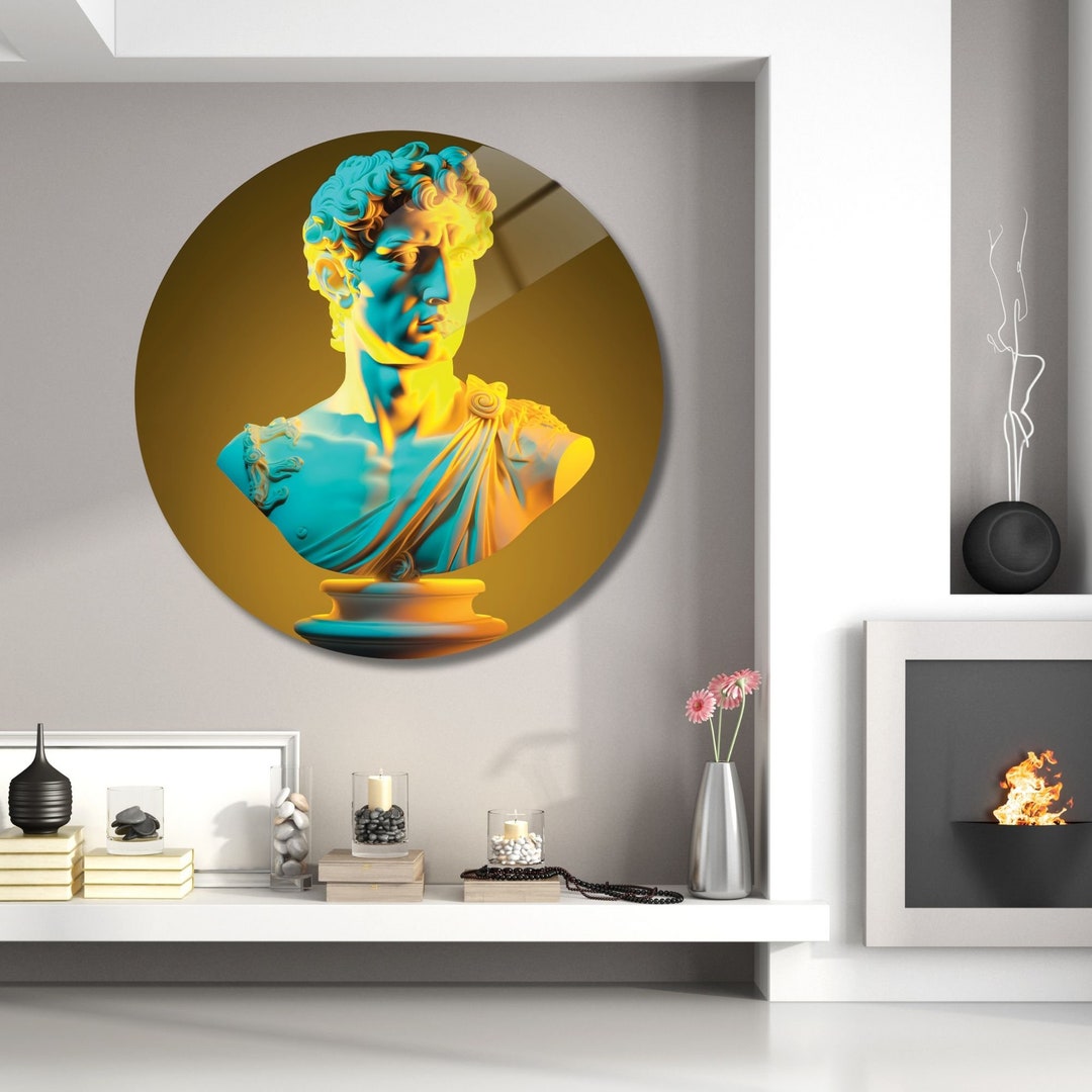 Round Tempered Real Glass Painting Yellow Ancient Man Statue High ...
