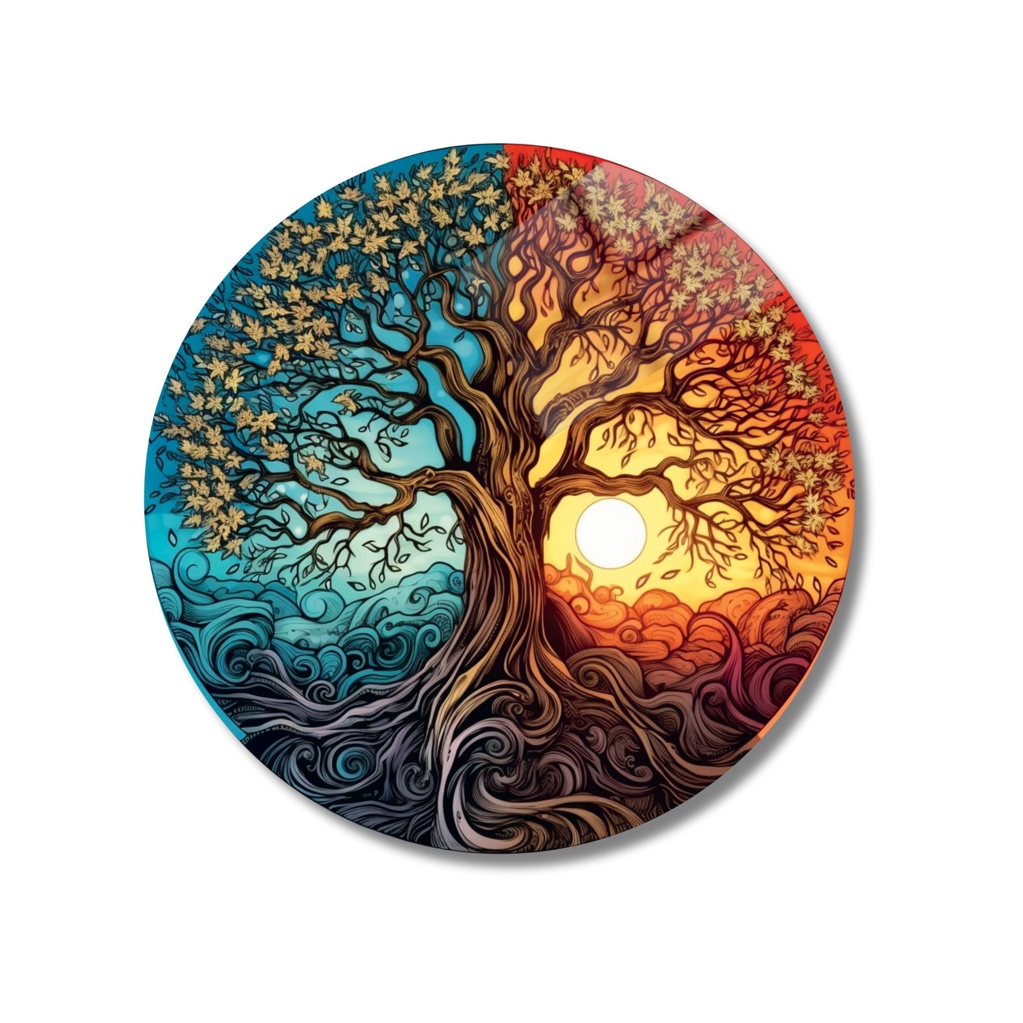 Round Tempered Real Glass Painting Life Day and Night Tree Design High ...