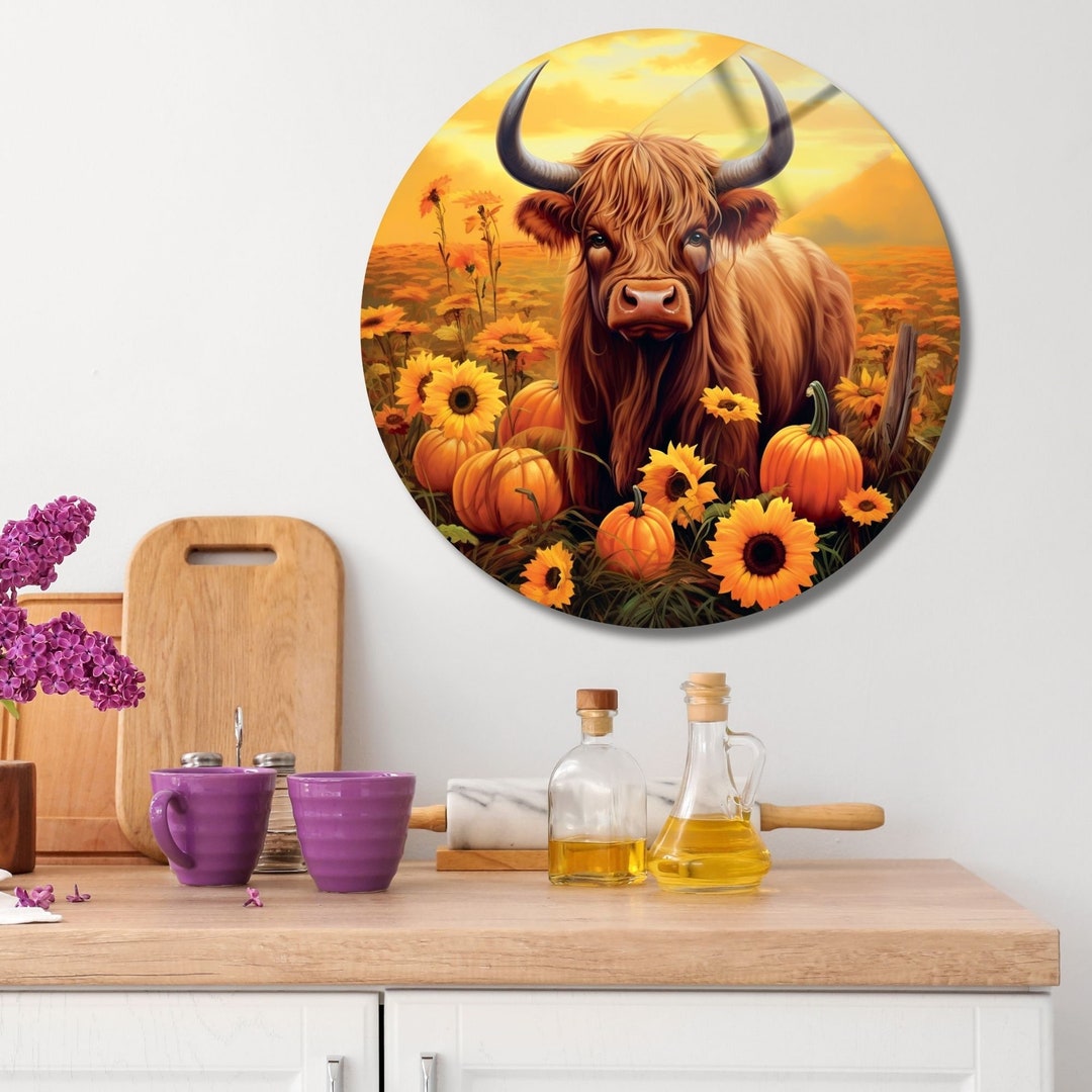 Round Tempered Real Glass Painting Sunflowers and Cow Image High ...