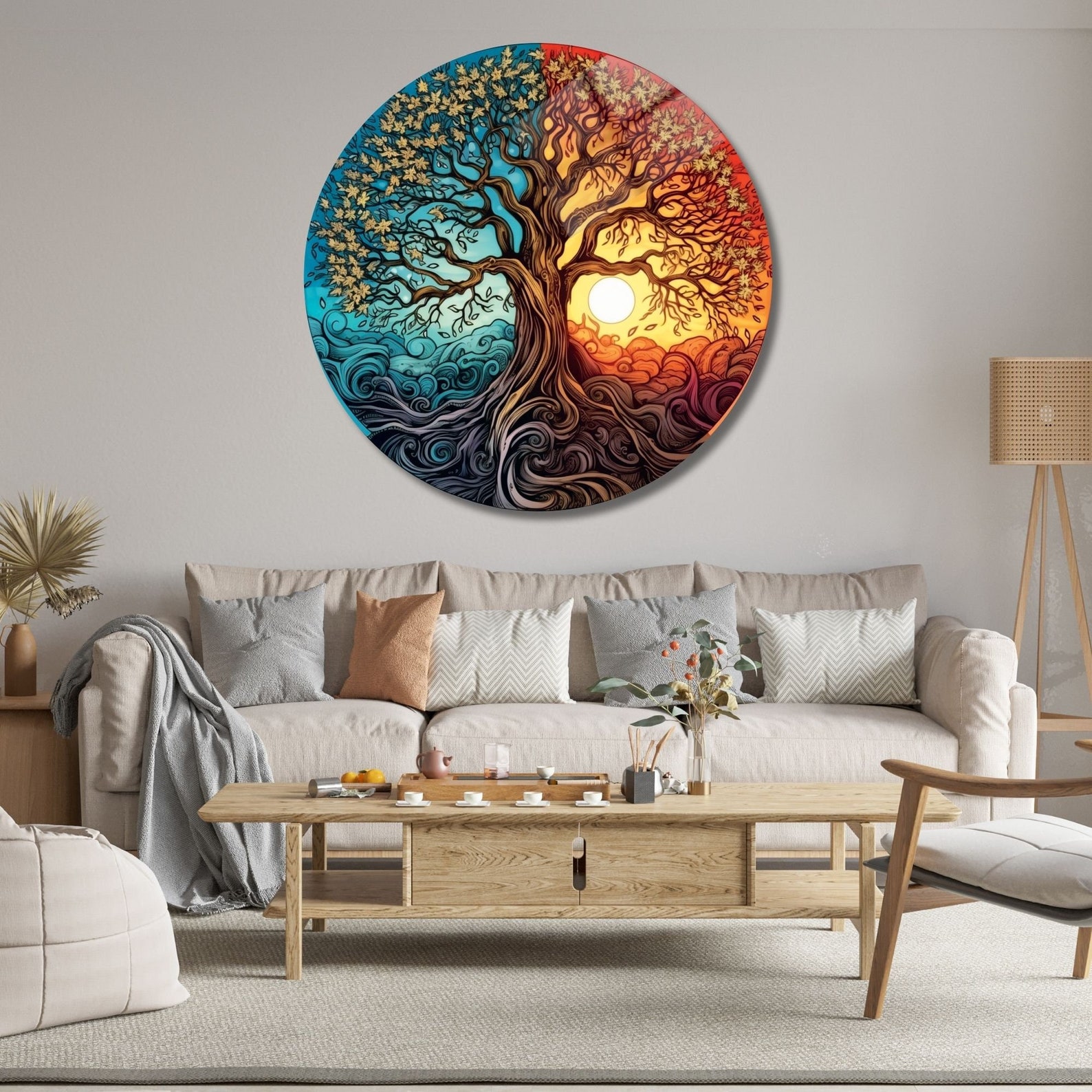 Round Tempered Real Glass Painting Life Day and Night Tree Design High ...