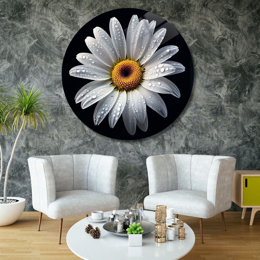 Round Tempered Real Glass Painting Daisy With Water Droplets High ...