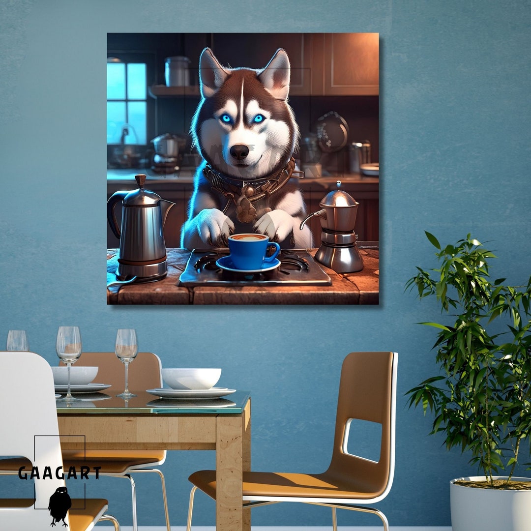 Square Canvas Coffee Corner Cafe Wall Painting Barista Siberian Husky ...