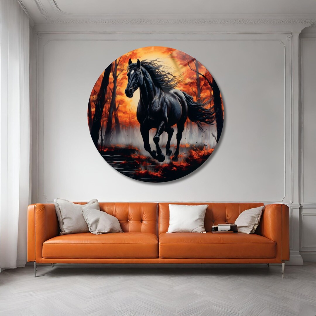 Round Tempered Real Glass Painting Autumn and the Black Horse High ...