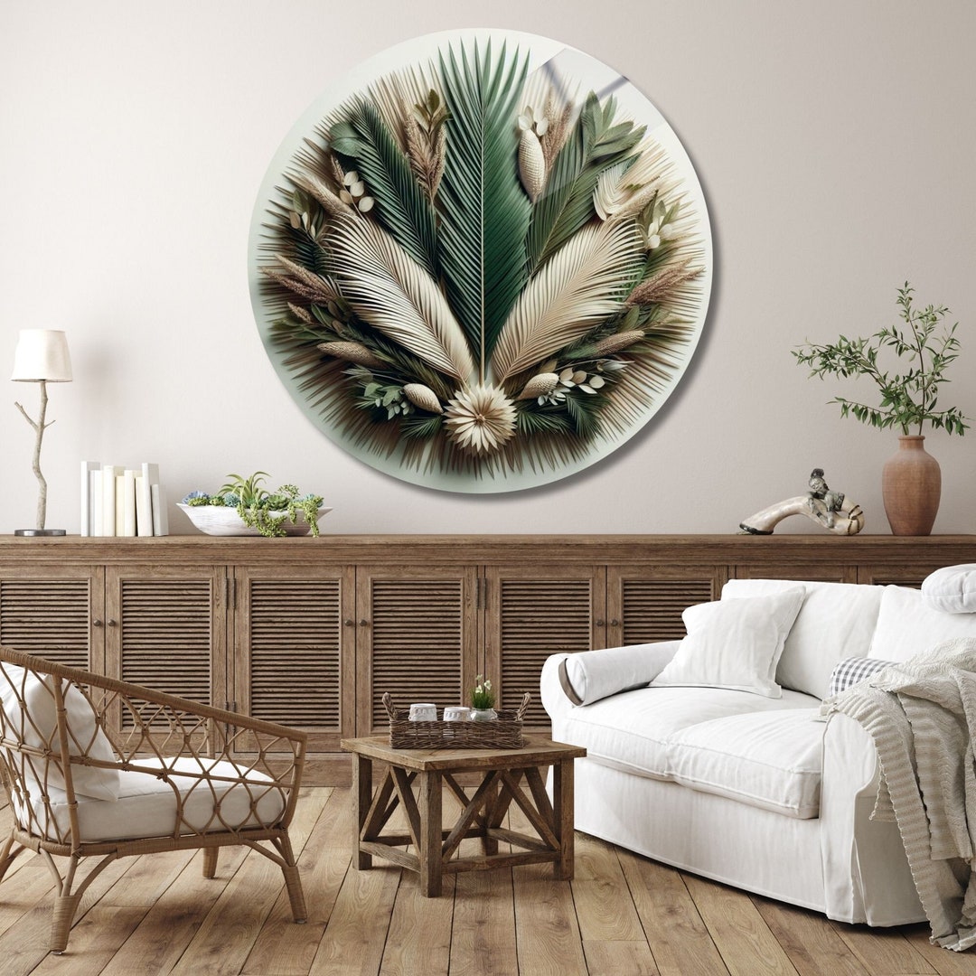 Round Tempered Real Glass Painting Bohemian Soft Green Leaves High ...