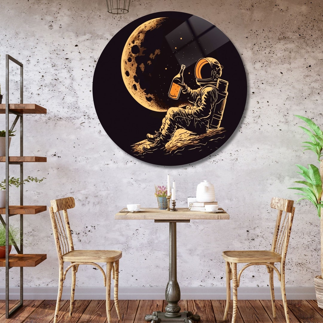 Round Tempered Real Glass Painting Astronaut Drinking in Space High ...
