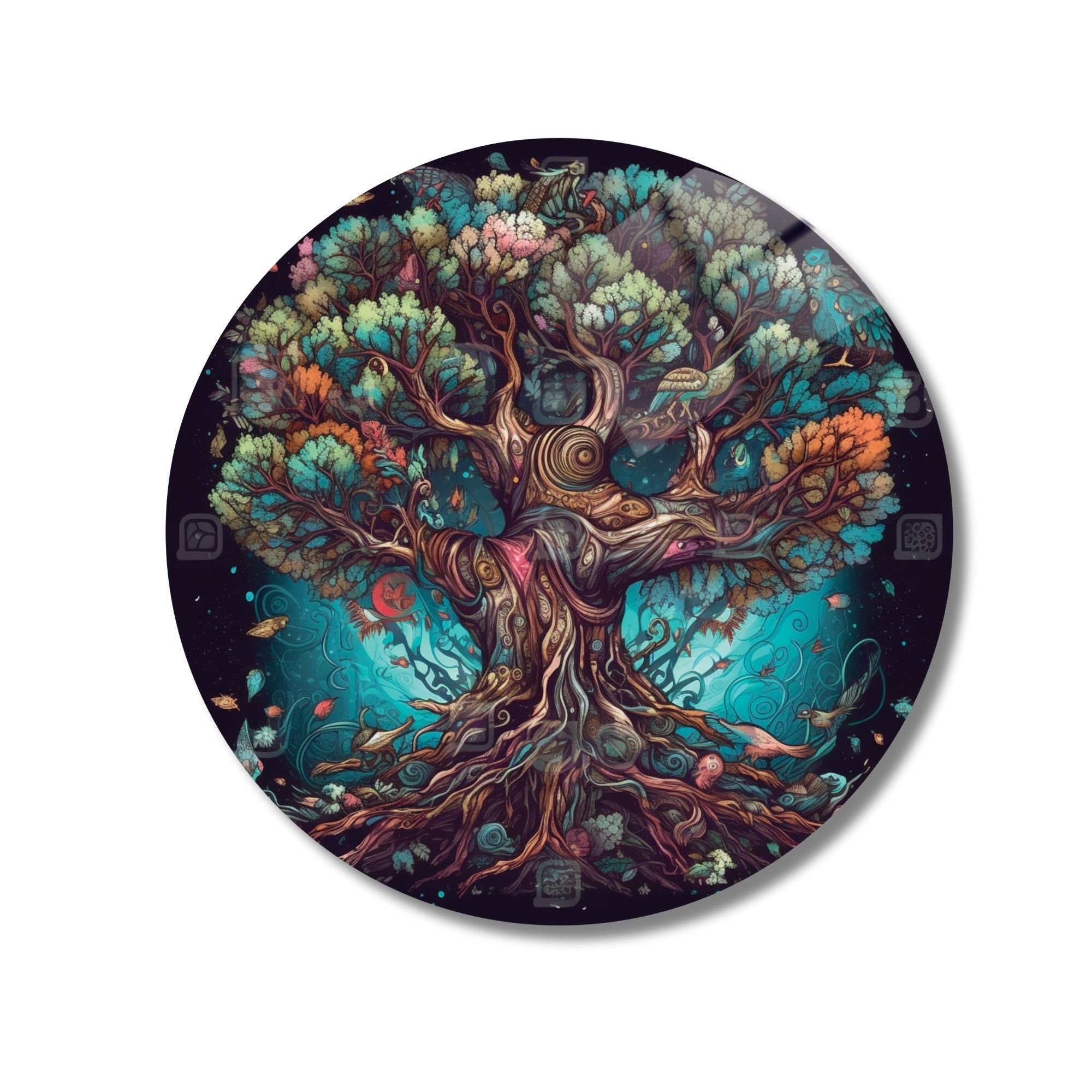 Round Tempered Real Glass Painting Tree Design With Colorful Roots High ...
