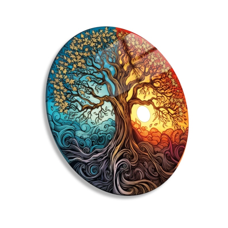 Round Tempered Real Glass Painting Life Day and Night Tree Design High ...