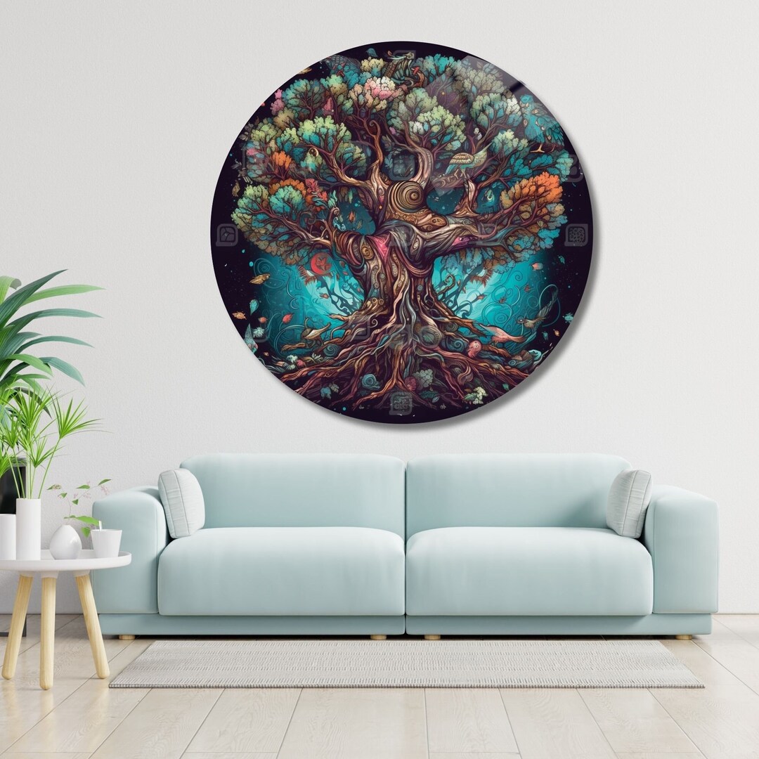 Round Tempered Real Glass Painting Tree Design With Colorful Roots High ...