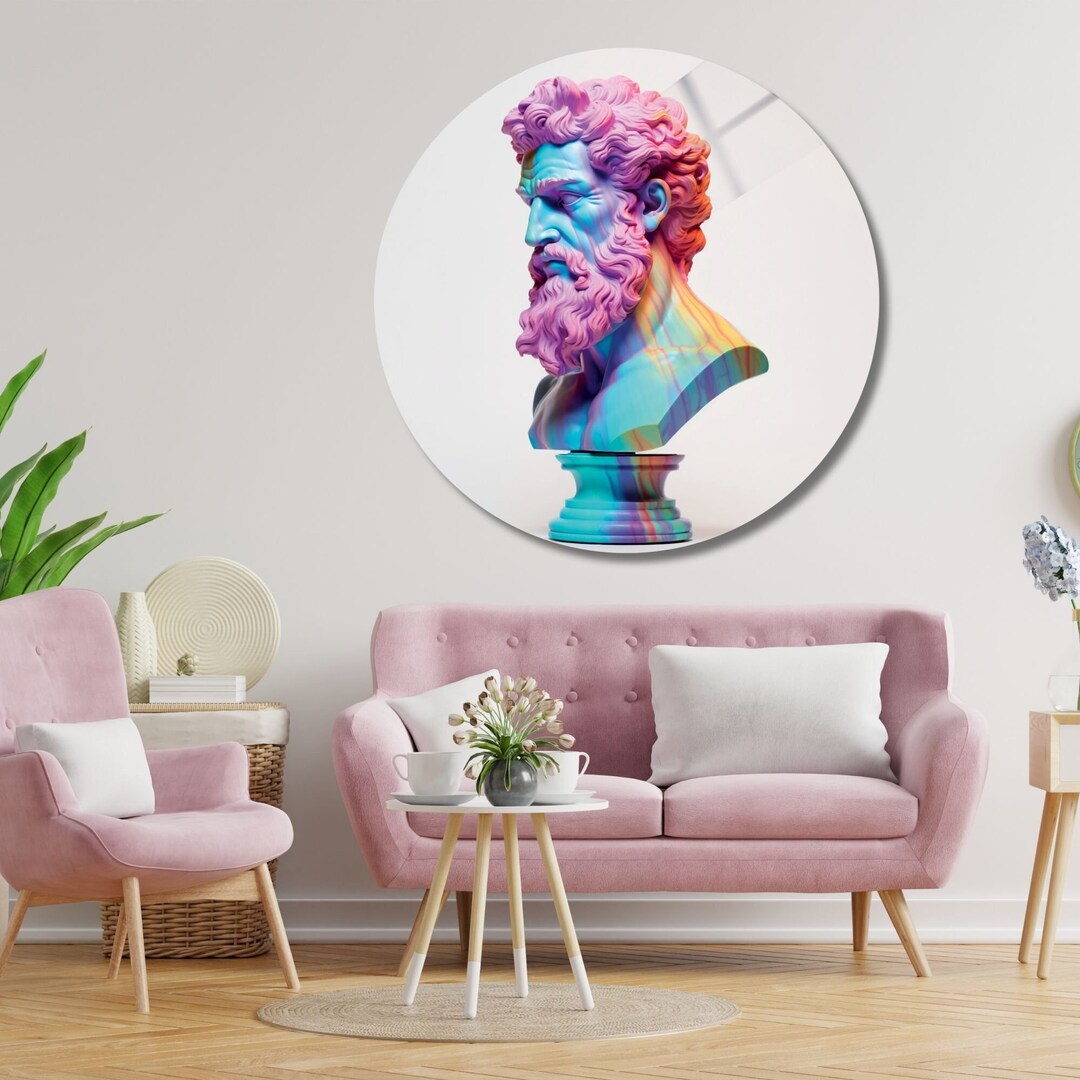 Round Tempered Real Glass Painting Colorful Ancient Man Statue High ...